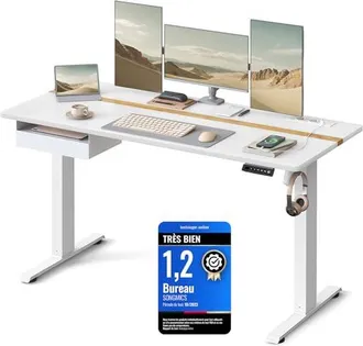 Vasagle Bureau &Eacute;lectrique R&eacute;glable en Hauteur, Bureau Assis-debout, Multiprise, Tiroir, 70 x 160 cm, R&eacute;glable en Continu, Fonction M&eacute;moire de 4 Hauteurs, Blan