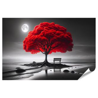 Islandburner Prime XXL Bild Poster Leuchtend Roter Baum an Einem Monochromen Strand Mit Mond Premium Bilder Fotodruck