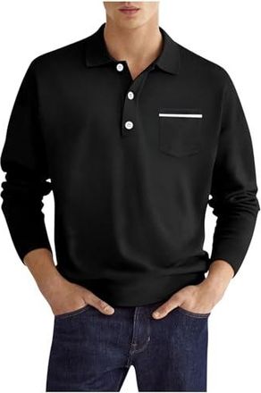 Generic Polo à manches longues pour homme - Revers - Couleur unie - Avec poche de poitrine - Décontracté - Coupe droite - T-shirt à manches longues - T-shirt 