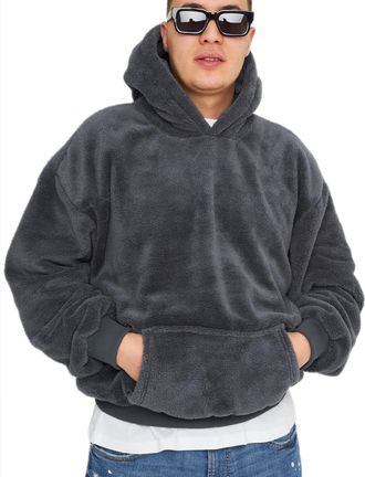 Behype. Herren Hoodie Oversize Teddy-Fell Kapuzenpullover Kapuzensweatshirt Einfarbig Fleecepulli Sweatshirt Weicher Basic Pullover S2_7474-Dunkelgrau-XL