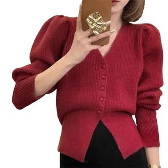Generic Cardigan dhiver &eacute;l&eacute;gant pour femme avec col en V et col en V, Rose rouge, taille unique