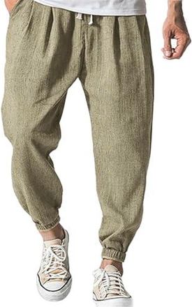 Generic Pantalon de jogging confortable en coton et lin pour homme - Coupe ample - Cordon de serrage - Taille élastique - Pantalon de yoga - Pantalon de plage