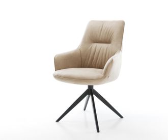 DELIFE Drehstuhl Zelia-Flex mit Armlehnen Mikrofaser Beige Vintage Kreuzgestell breit Schwarz 360&deg; drehbar Wippfunktion Taschenfederkern, Esszimmerst&uuml;hle