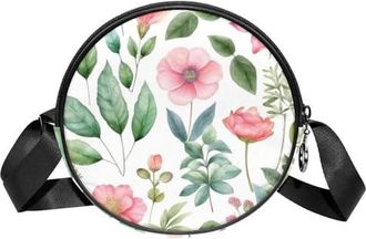 Generic Petit sac &agrave; bandouli&egrave;re circulaire pour femme, motif feuilles florales, sac &agrave; dos avec fermeture &eacute;clair, bretelles r&eacute;glables, sac &agrave; main rond d&eacute;contra