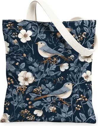 Generic Sacs fourre-tout en toile bleu marine, motif oiseaux et fleurs, r&eacute;utilisables, l&eacute;gers et lavables avec bandouli&egrave;re pour les voyages, Bleu marine, 13x1