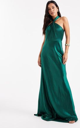 Six Stories Bridesmaid - Satin-Maxikleid in Smaragdgrün mit Neckholder und verdrehtem Detail