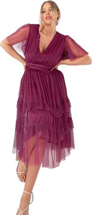 Anaya with Love Damen Womens Midi Dress Ladies V Neckline Short Sleeve Ruffles Empire Waist Tiered Tulle Skirt for Wedding Guest Bridesmaid Brautjungfernkleid, Plum, 