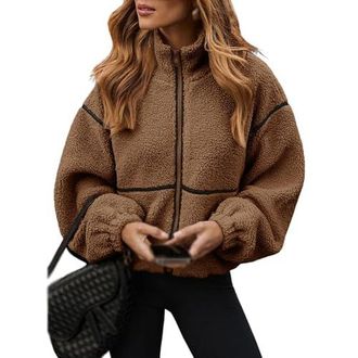Generic Veste polaire surdimensionn&eacute;e &agrave; fermeture &eacute;clair pour femme, manteaux dext&eacute;rieur chauds avec poches, v&ecirc;tements tendance dautomne 2025, marron, XXL