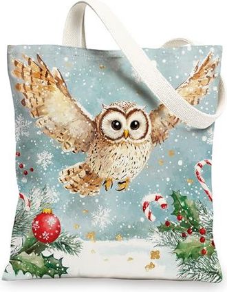 Generic Sac fourre-tout en toile r&eacute;utilisable avec motif hibou et oiseau de No&euml;l pour le shopping, 33 x 38 cm, aquarelle de No&euml;l, neige, sac d&eacute;picerie pour fe