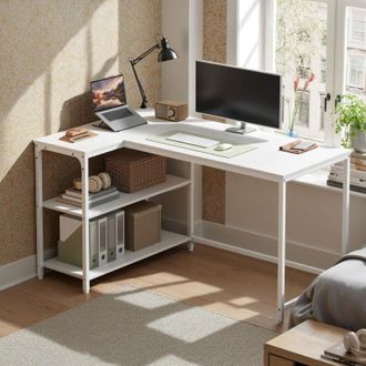 Vasagle Bureau en L, &Eacute;tag&egrave;res R&eacute;glables avec Rangement, 120 x 80 cm, Blanc