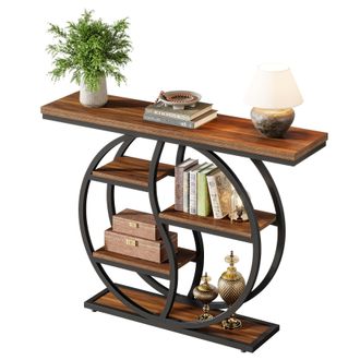 Tribesigns Konsolentisch, 120 x 30 cm industrieller 4-st&ouml;ckiger Sofatisch, Eingangstisch mit kreisf&ouml;rmigem Sockel, schmaler Holzakzent-Tische mit Ablagen f&uuml;r Woh