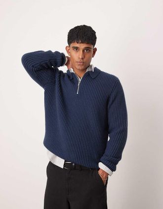 Asos Schwerer, gerippter Oversize-Strickpullover aus Wollmix in Marineblau mit kurzem Reißverschluss und Kragen