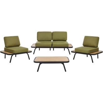 Beliani Lounge Set Hellbraun Zertifiziertes Akazienholz 4-Teilig 2-Sitzer Gartensofa mit 2 Sesseln u. Couchtisch Auflagen Olivgr&uuml;n Gartenm&ouml;bel Set