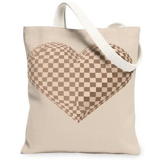 Generic Sacs fourre-tout en toile motif coeur, sacs d&eacute;picerie r&eacute;utilisables, l&eacute;gers et lavables avec bandouli&egrave;re, beige, 13x15 Inch