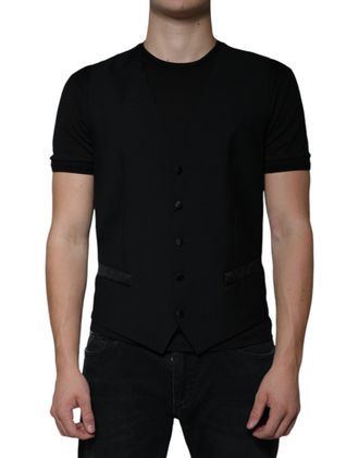 Dolce & Gabbana Black Wool Formal Dress Men Waistcoat Vest Virgin Silk Polyester