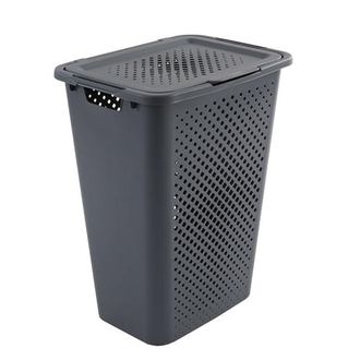 Sundis Pixel, W&auml;schekorb mit Deckel 50l, aus recyceltem Kunststoff, grau, ideal f&uuml;r kleine R&auml;ume, 2 seitliche Griffe und 1 Griff an der Unterseite, Bel&uuml;ftung