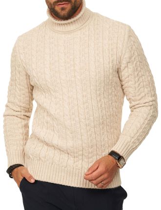 Behype. Herren Rollkragenpullover als Strickpullover in Grobstrick mit Zopfmuster - Winterpullover im Regular-Fit - Warmer Rolli Pulli f&uuml;r M&auml;nner DC_7801-Beig