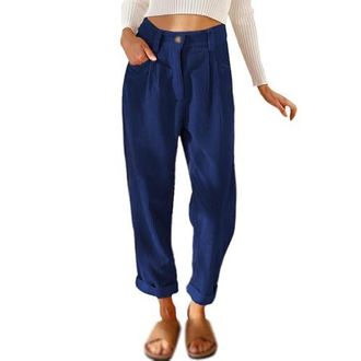 Generic Pantalon d&eacute;contract&eacute; en velours c&ocirc;tel&eacute; taille haute avec poches pour femme avec poches, bleu, 3XL