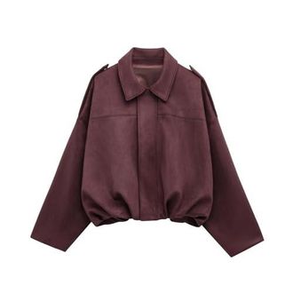 Generic Blouson bomber court d&eacute;contract&eacute; en daim synth&eacute;tique pour femme, col &agrave; revers, surdimensionn&eacute;, tendance, Rouge, M