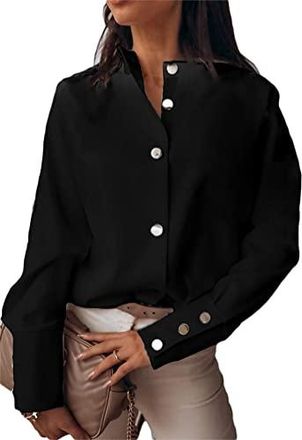 ORANDESIGNE Chemisier Femme Chic et &Eacute;l&eacute;gant Manche Longue Col en V D&eacute;contract&eacute; Haut avec Boutons Bureau Couleur Unie Mode Blouse Casual Surchemise Noir XL
