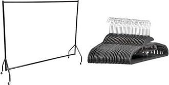 Amazon Basics Tringle pour vêtements Noir 1,82 x 1,52 m & Lot de 30 cintres en plastique ultra robustes antidérapants avec caoutchouc et barre horizontale, Gris