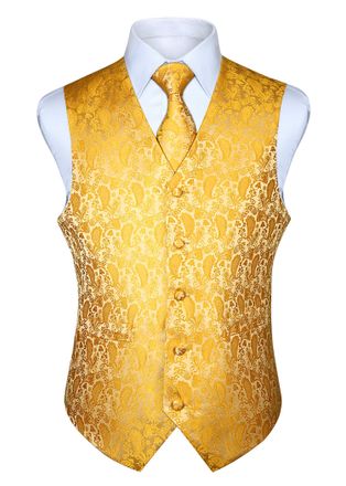 Hisdern Anzugweste f&uuml;r Herren Gelb Paisley Hochzeitweste Krawatte Einstecktuch Taschentuch Jacquard Weste Herren Anzug Set Elegant 4XL