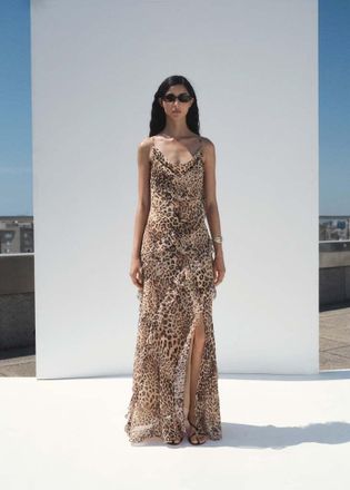 Mango Leoparden-Volantkleid mit Schlitz ecru - Damen - XL - MANGO