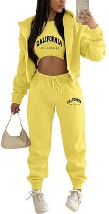 Onsoyours Survêtement Femme 3 Pièce Ensembles Sportswear Sweatshirt à Capuche à Zippé+ Crop Top + Pantalon Sports pour Casual Sports Jogging Fitness Z3 Jaune S