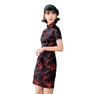 ACVIP Qipao Mini robe de soir&eacute;e &agrave; manches courtes pour femme Motif fleurs de prunier - - S:poitrine 85 cm