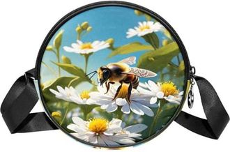Generic Sac &agrave; bandouli&egrave;re rond pour femme, motif abeille, petit sac &agrave; bandouli&egrave;re avec fermeture &eacute;clair, bretelles r&eacute;glables, sac &agrave; main rond d&eacute;contract&eacute; pour