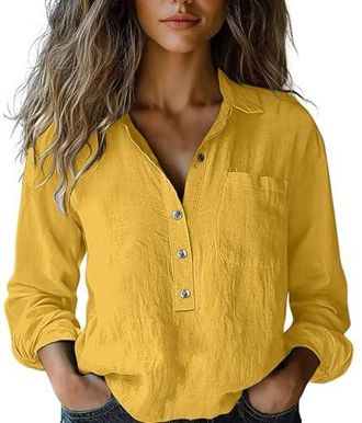 Generico Chemise Femme Curvy Manches Longues Chemisier en Lin Coton &Eacute;l&eacute;gant Grande Taille Chemises Col en V Doux T Shirt Vintage Fantaisie avec Boutons L&eacute;ger B