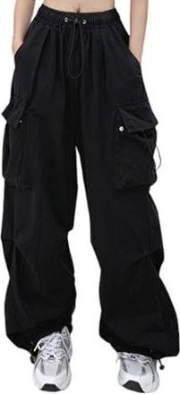 Generic Pantalon cargo pour femme - Taille haute - Jambe large - Baggy d&eacute;contract&eacute; - Pantalon de parachute Y2K Streetwear avec plusieurs poches, Noir, L