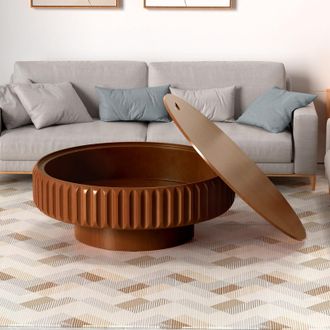 Generic Runder, geriffelter Couchtisch mit Stauraum, moderner, luxuri&ouml;ser runder Couchtisch aus Massivholzfurnier, runder Beistelltisch f&uuml;r Wohnzimmer, Wohnun