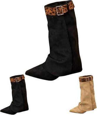 Generic Bottines pour femme avec talon pointu - Bottes hautes pour femme - Bottes hautes rabattables à talon bloc Bottes longues en daim pour fête, Noir, 36 E