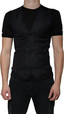 Dolce & Gabbana Mens Black Leather Waistcoat Dress Formal Vest Wb