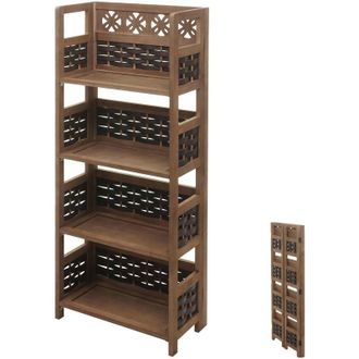 Hhg Regal HHG 660, Standregal Wohnregal, klappbar 4 Ablagen, Holz 110cm dunkelbraun, Geflecht dunkelbraun