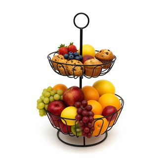 Relaxdays Obstkorb Etagere 2-st&ouml;ckig, Obstschale f&uuml;r die K&uuml;che, moderner Metallkorb f&uuml;r Obst und Gem&uuml;se, Metall, schwarz