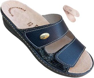 New Confort Sandales Confort femme en cuir synth&eacute;tique r&eacute;glables &agrave; scratch PREST1GE semelle amovible 2 cm convient pour semelles sur mesure, Bleu avec trame, 39 E