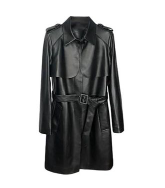 Generic Trench-coat mi-long en cuir v&eacute;ritable pour femme - Veste dhiver en cuir de mouton avec revers crant&eacute;, Noir, M