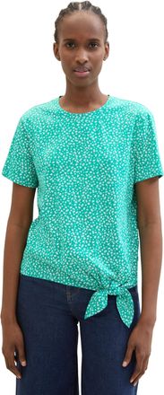 Tom Tailor Damen Basic T-Shirt mit Knotendetail, green minimal print, XL