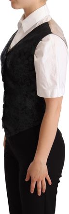 Dolce & Gabbana Womens Black Jacquard Floral Waistcoat Vest Green Polyester Nylon P2 Clothing