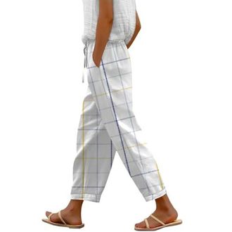 Generic Pantalon L&eacute;ger Femme Fluide Blanc en Lin pour Pantalon Court en Lin &Agrave; Fleurs pour Femme Taille &Eacute;lastique Coupe Droite D&eacute;contract&eacute; La Plage avec Poches