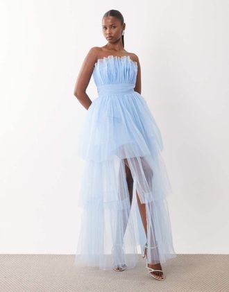 Lace & Beads Robe bandeau longue en tulle &agrave; volants - Bleu p&acirc;le-Orange