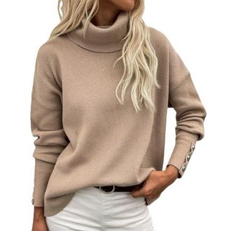 Generic Pull &agrave; col roul&eacute; pour femme, pull tendance &agrave; col roul&eacute; &agrave; manches longues et boutons pour lautomne et lhiver, kaki, XL