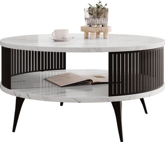 Mirjan24 Couchtisch mit Ablage Rajkon, Runde Form, Metallbeine, Kaffeetisch, Wohnzimmertische, Beistelltisch, Sofatisch, Teetisch (Bianco Marmor, Schwarz)