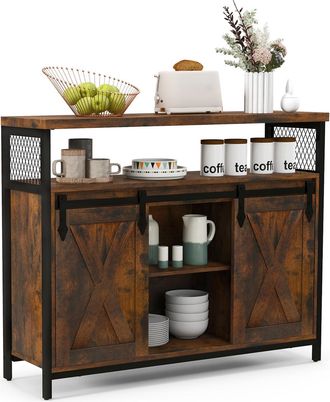 Giantex Kaffee-Schrank mit 2 Schiebet&uuml;ren und 3 verstellbaren Einlegeb&ouml;den, mit viel Stauraum, rustikaler Stil f&uuml;r Wohnzimmer (Kaffee)