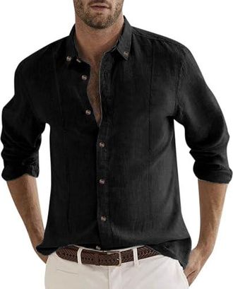 Generic Chemises &agrave; manches longues en lin pour homme - Chemise de plage blanche - Chemises de plage hautes en coton - D&eacute;contract&eacute;es - Col rond - T-shirt &eacute;pais