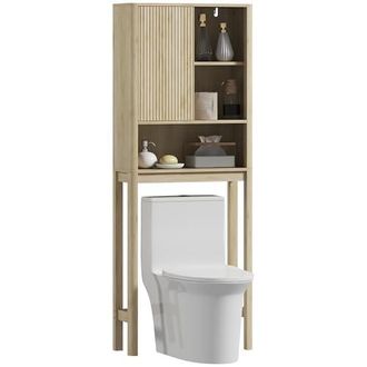HOMCOM Meuble WC Dessus de Toilette avec Placard &agrave; Porte cannel&eacute;e, Meuble Toilettes WC Rangement, Armoire Salle de Bain avec Compartiments Ouverts et &eacute;tag&egrave;re
