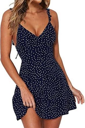 Generic Robe dété dos nu pour femme - Mini robe dété à bretelles spaghetti - Robe de plage courte - Robe florale - Robe de loisirs - Bretelles spaghetti - Rob