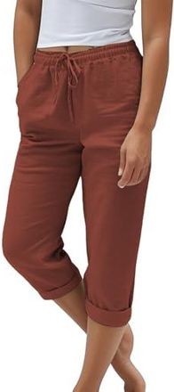 Generic Pantalon court 3/4 en lin pour femme - Pantalon d&eacute;contract&eacute; &agrave; jambe droite pour femme - Pantalon taille &eacute;lastique avec poches et cordon de serrage - P